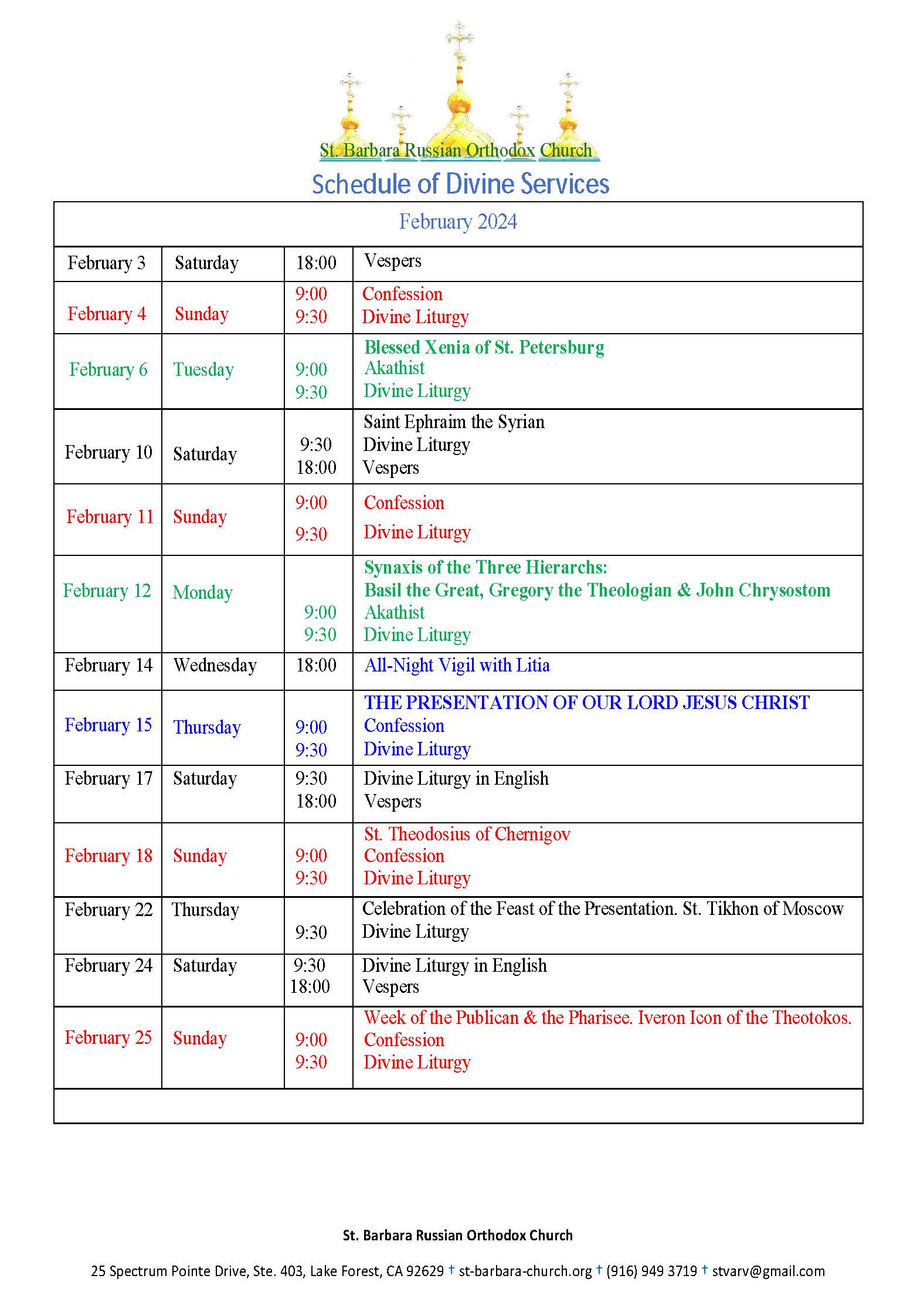 Schedule - St Barbara